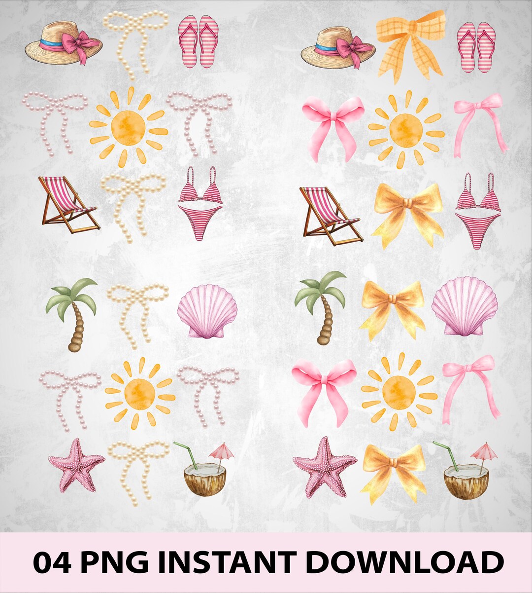 Coquette Summer Beach PNG Bundle: Seashells, Bows, Sun (digital ...