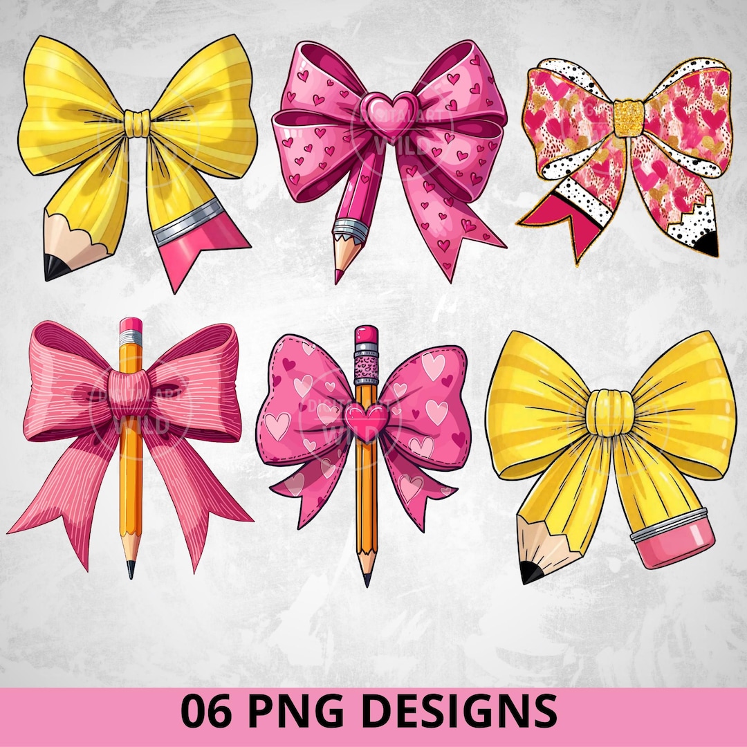 Pencil Bow PNG Bundle, Pink & Yellow Coquette, Pencil Ribbon Teacher ...