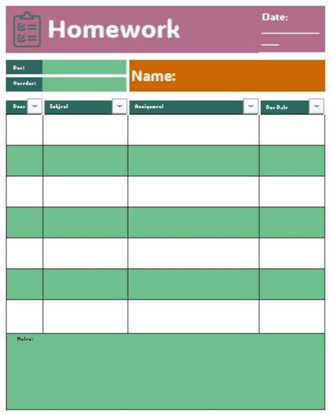 Homework Log Template (PDF Printable & Excel Editable Versions) - Etsy
