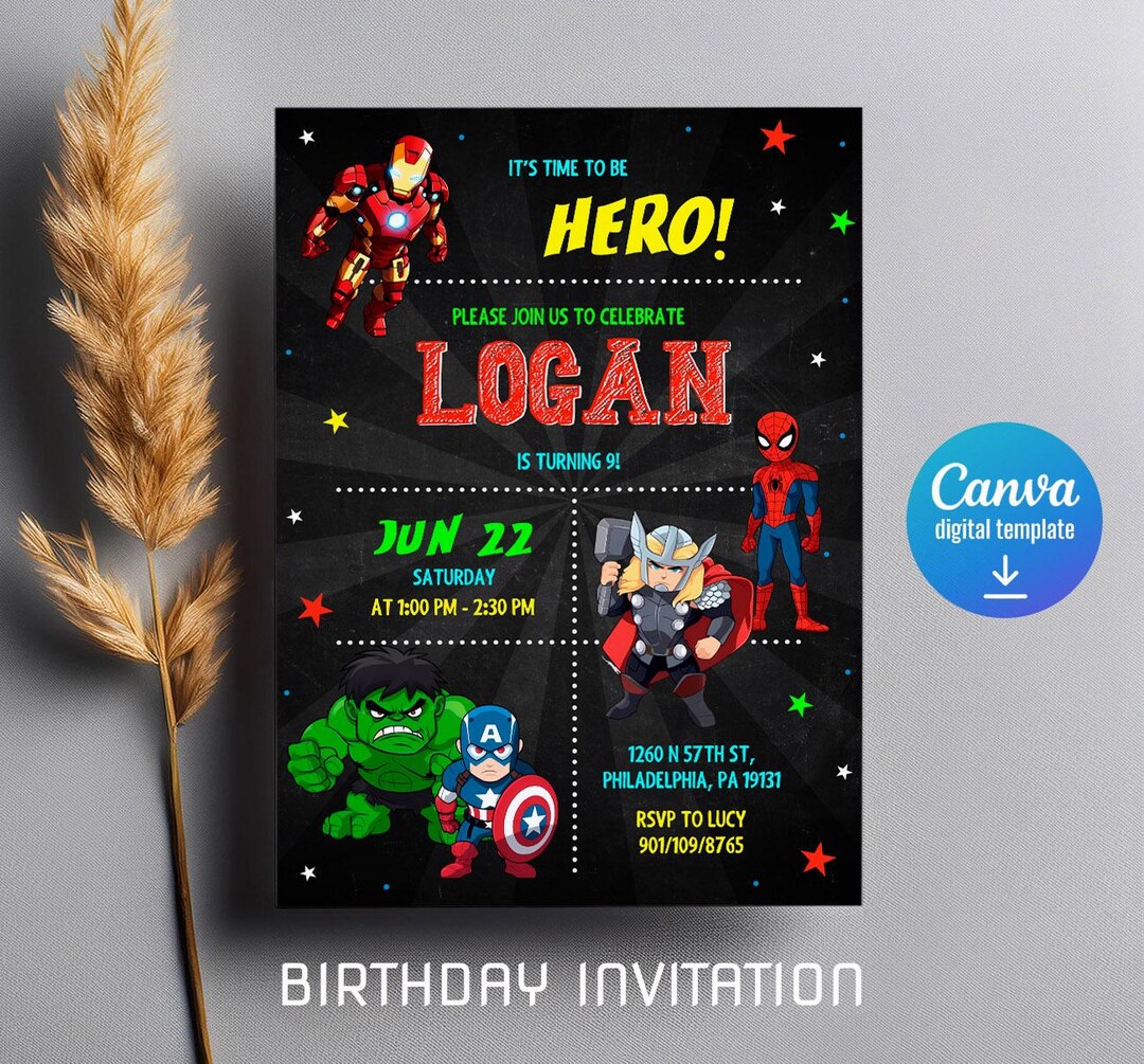 Printable Boy Birthday Invite, Super Hero Editable Party Invitation ...