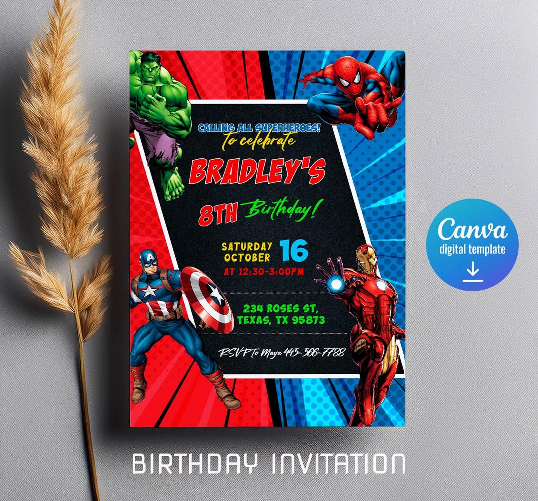 Printable Boy Birthday Invite, Super Hero Editable Party Invitation ...
