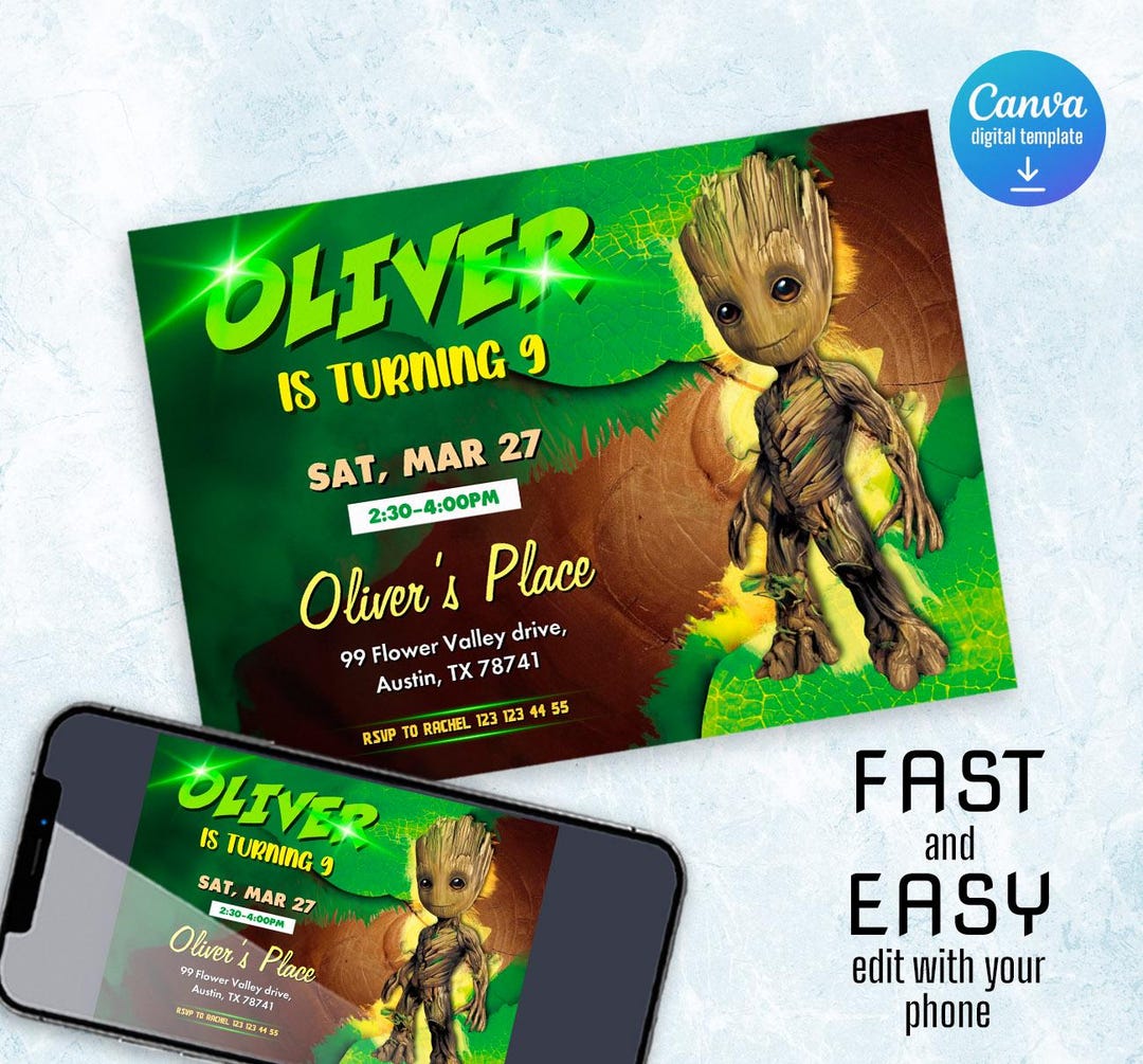Editable Groot Birthday Invitation, Printable Groot Invite, Digital I ...