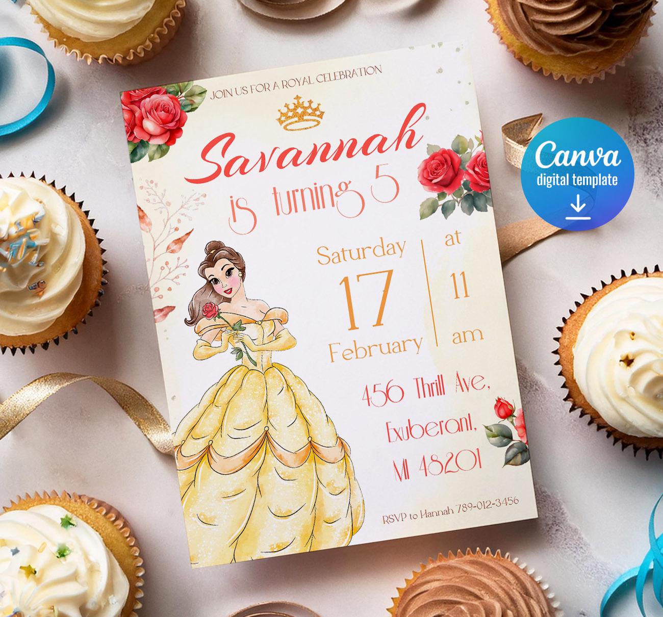 Princess Belle Birthday Invitation, Girl Editable Invite Template ...