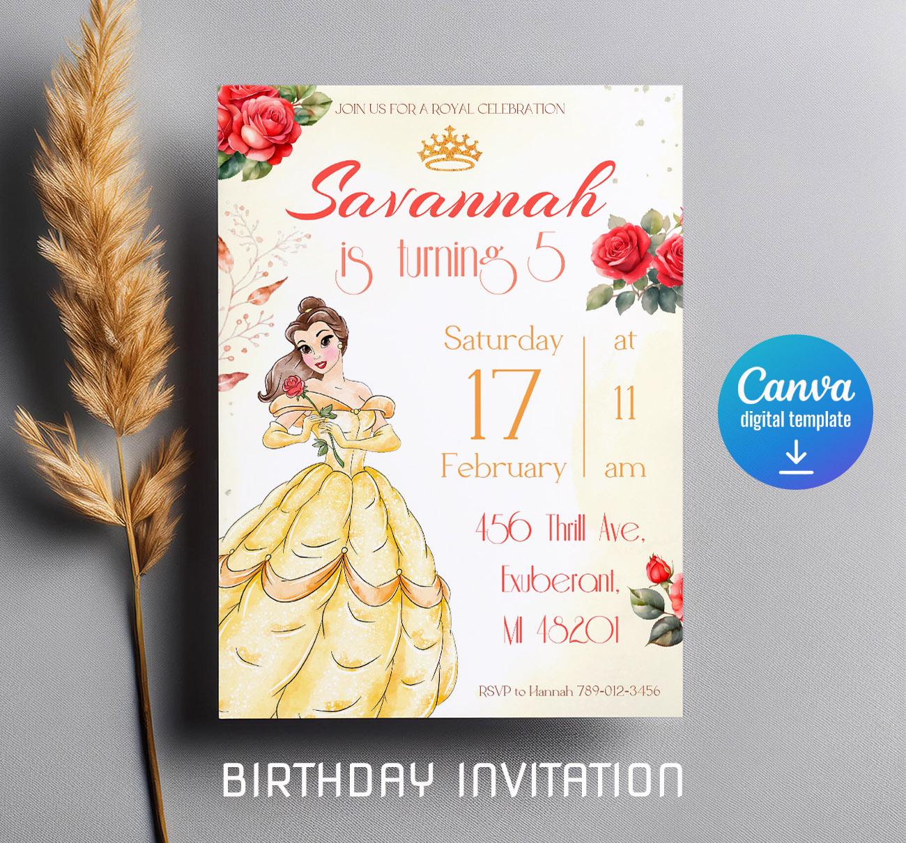 Princess Belle Birthday Invitation, Girl Editable Invite Template ...
