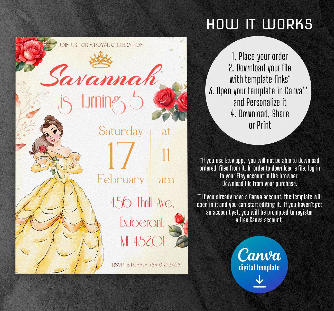 Princess Belle Birthday Invitation, Girl Editable Invite Template ...