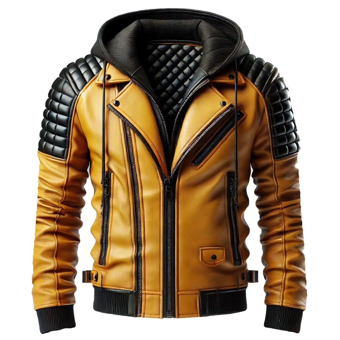 Men's Yellow Leather Hooded Jacket, Black Quilted Lining, Biker Style ...