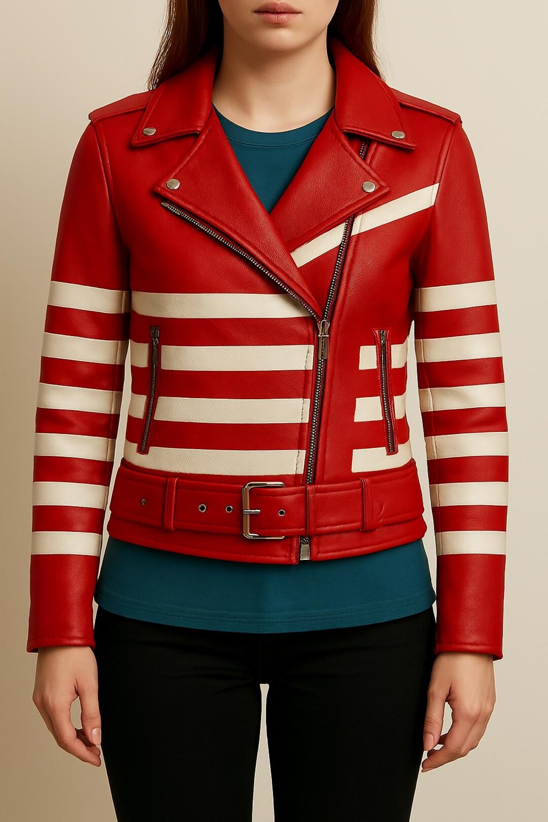 Red Stripe Leather Biker Jacket - Vintage-inspired Red Stripe Jacket ...