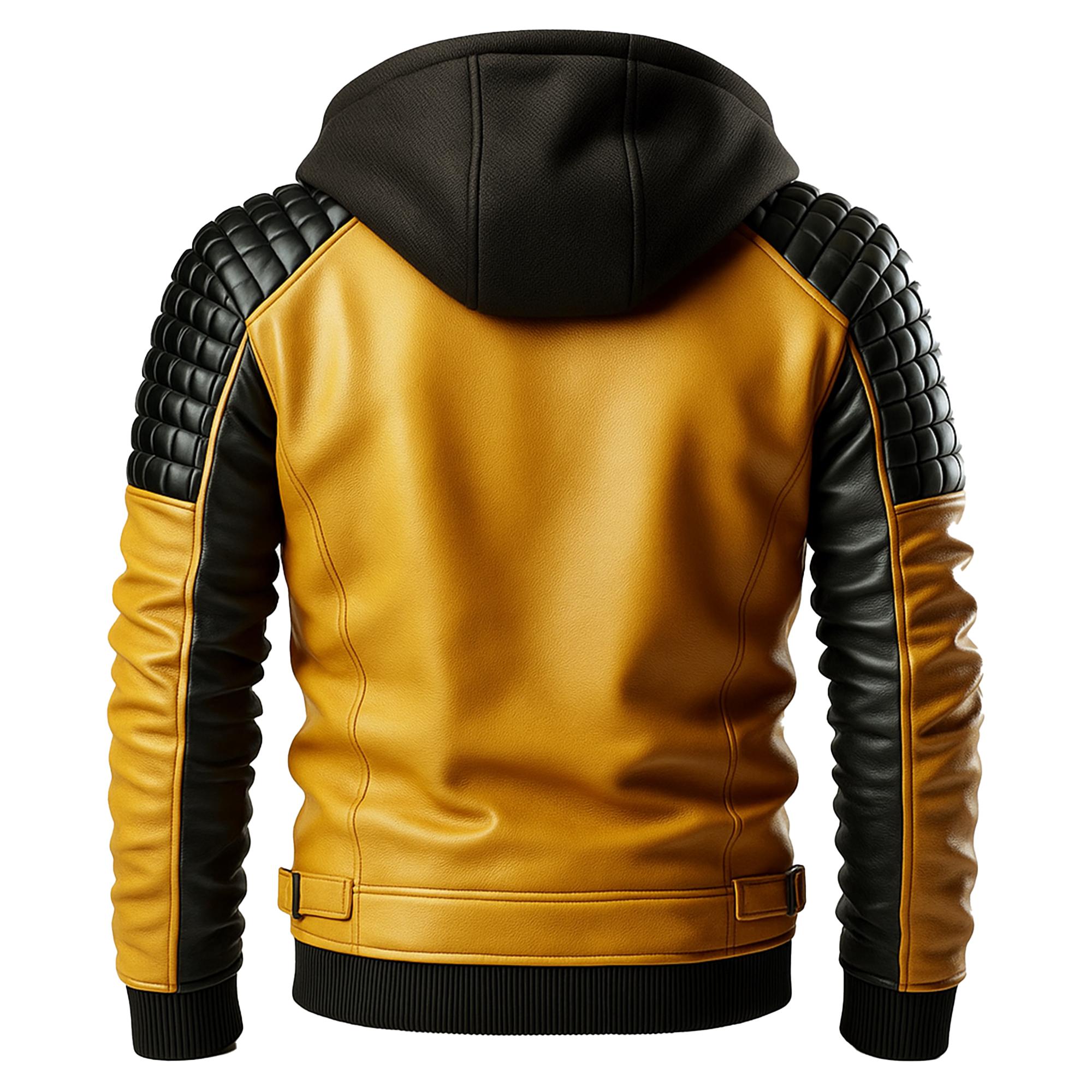Men's Yellow Leather Hooded Jacket, Black Quilted Lining, Biker Style ...