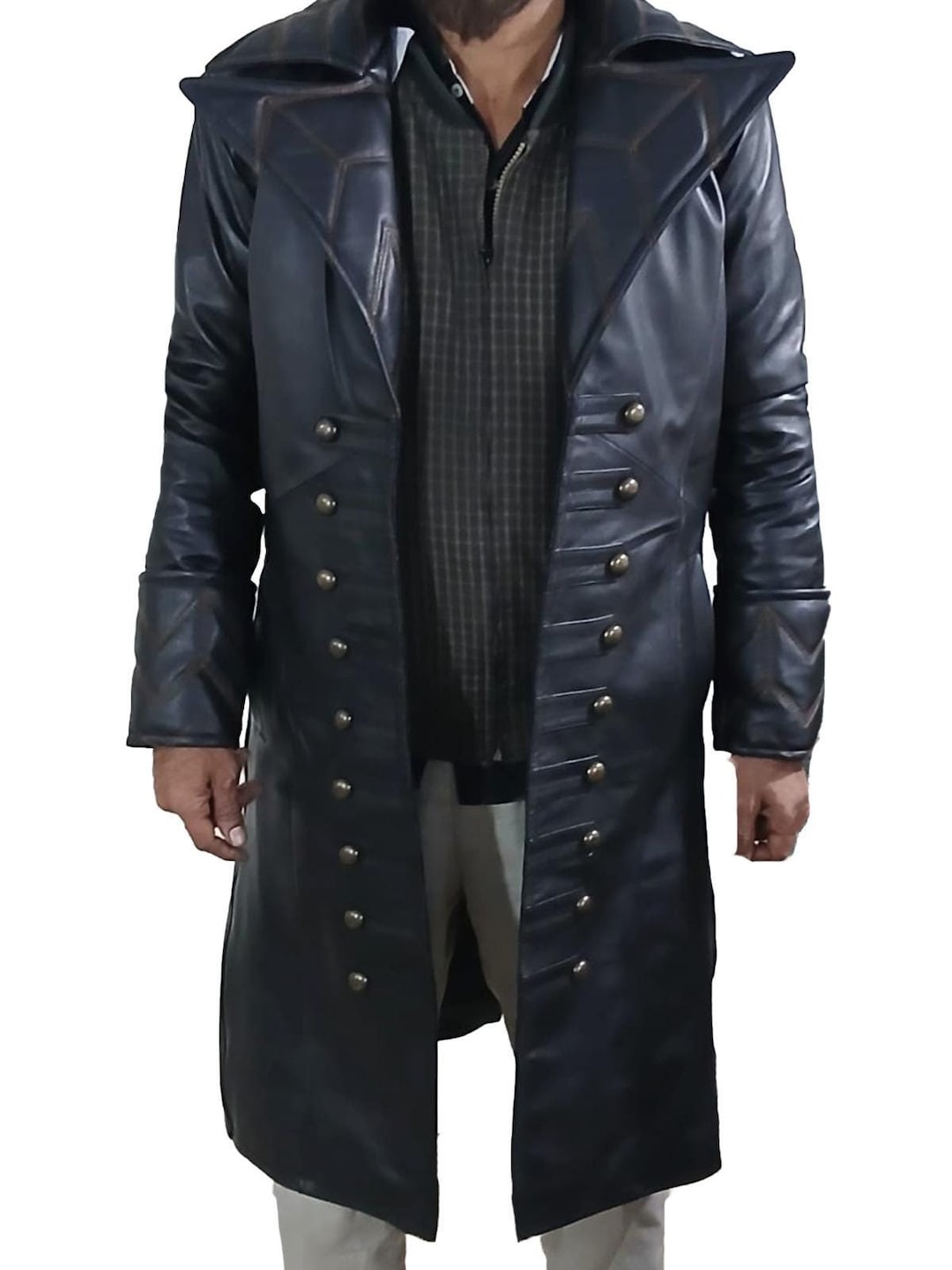 Men's Real Leather Trench Coat: Handmade Black Overcoat, Pirate Cosplay ...