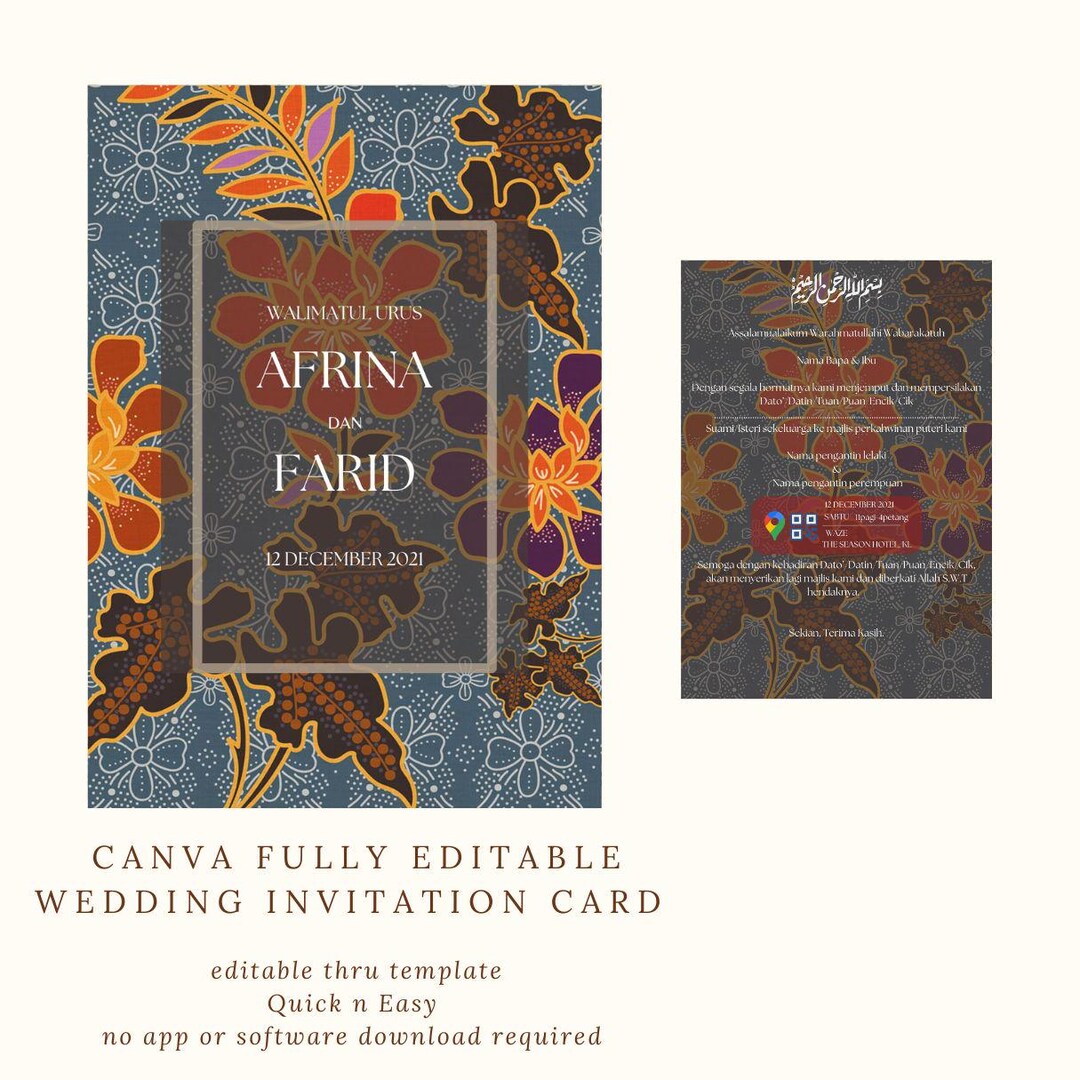 Blue Batik Wedding Invitation Template Canva Editable Wedding Card ...