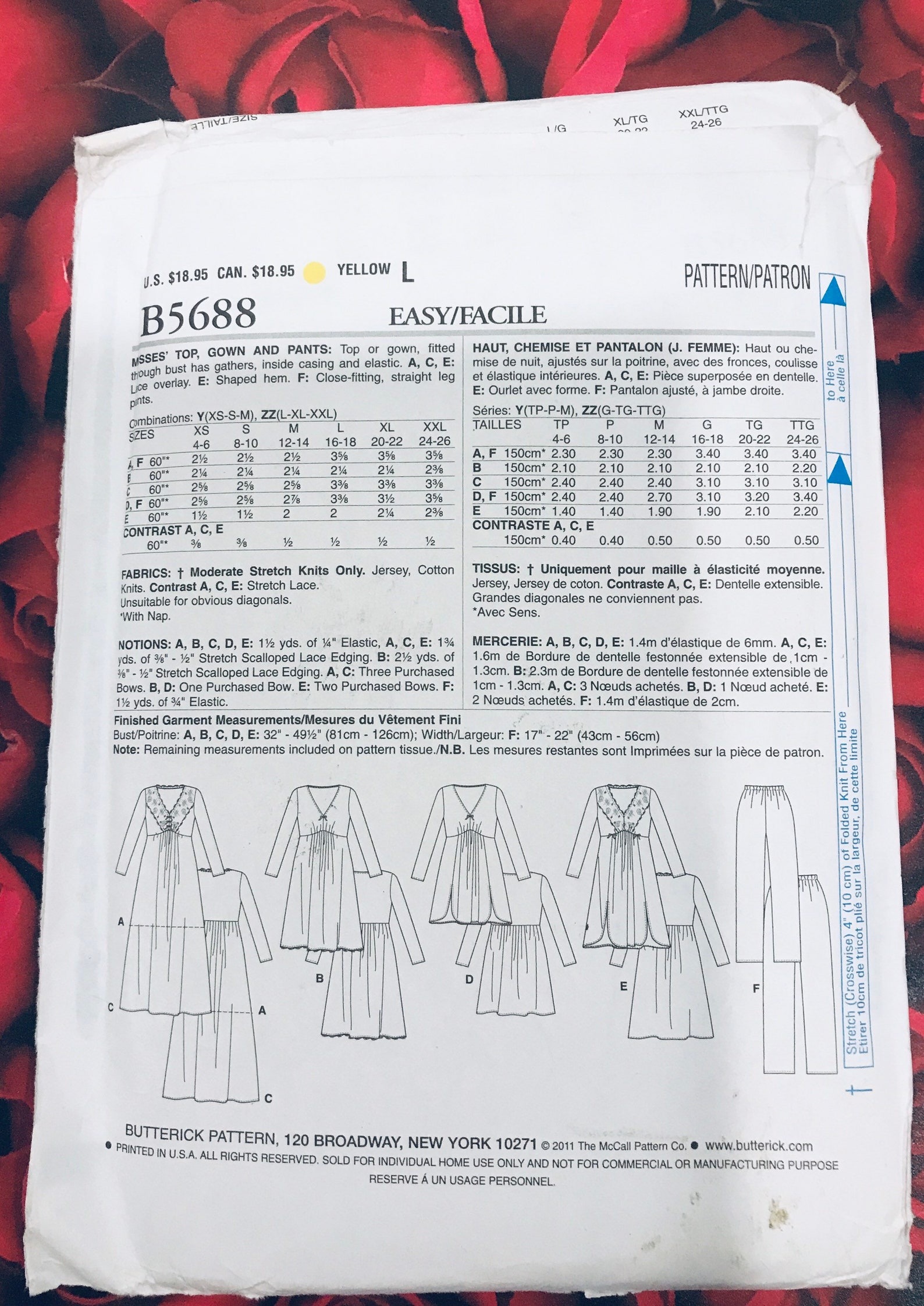 Uncut Nightgown, Top and Pants Pattern-butterick #5688 - Etsy