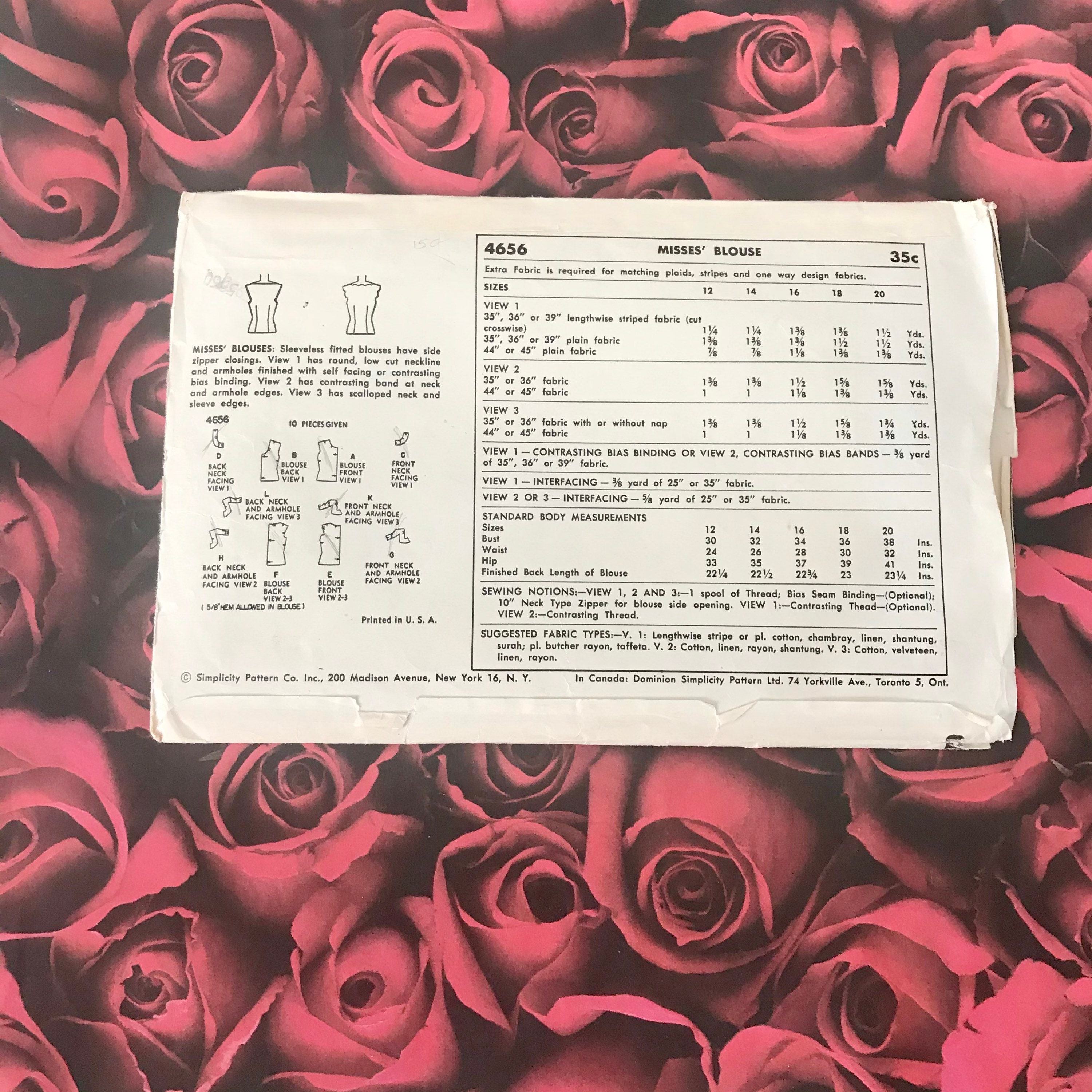 1950s Simplicity Blouse Pattern 4656 - Etsy UK