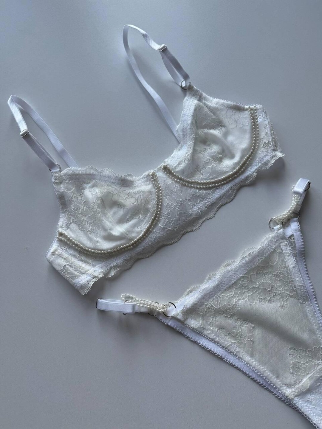 Handmade Sheer Lace Lingerie Set – Bra With Pearls & Tango Panties – Romantic Bridal Underwear ...