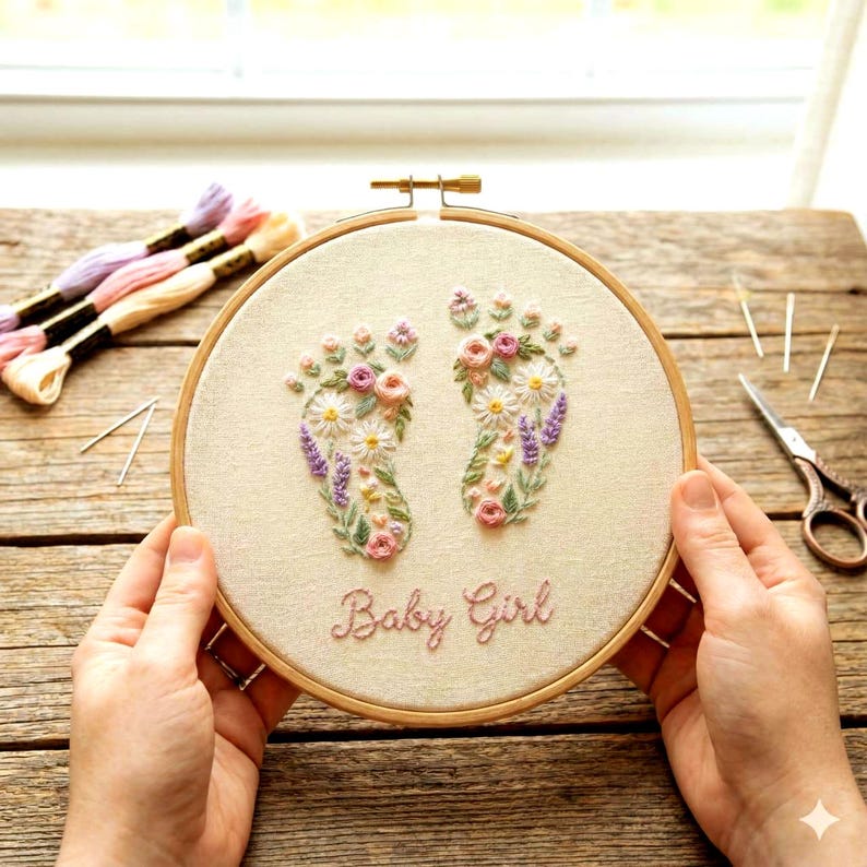 Baby Footprint Embroidery Pattern, Floral Newborn Keepsake, Name Wall ...