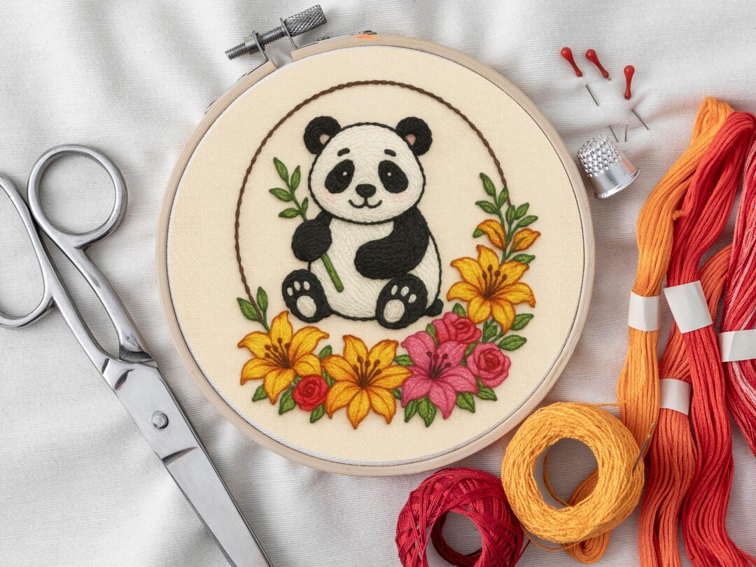 Panda Hand Embroidery Pattern, Floral Panda, Cute Panda Design, Panda ...