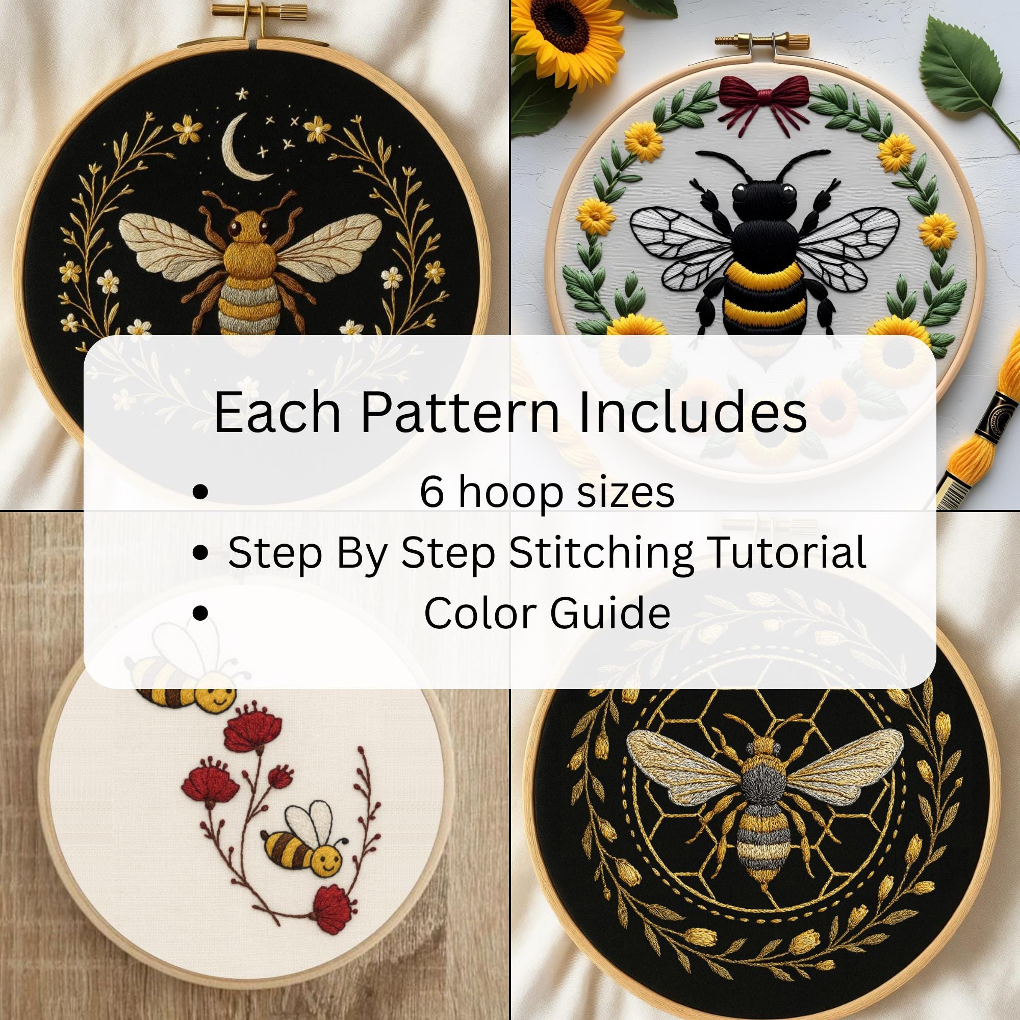 Bumble Bee Embroidery Pattern Bundle: 6 Honeybee Designs (PDF Download ...