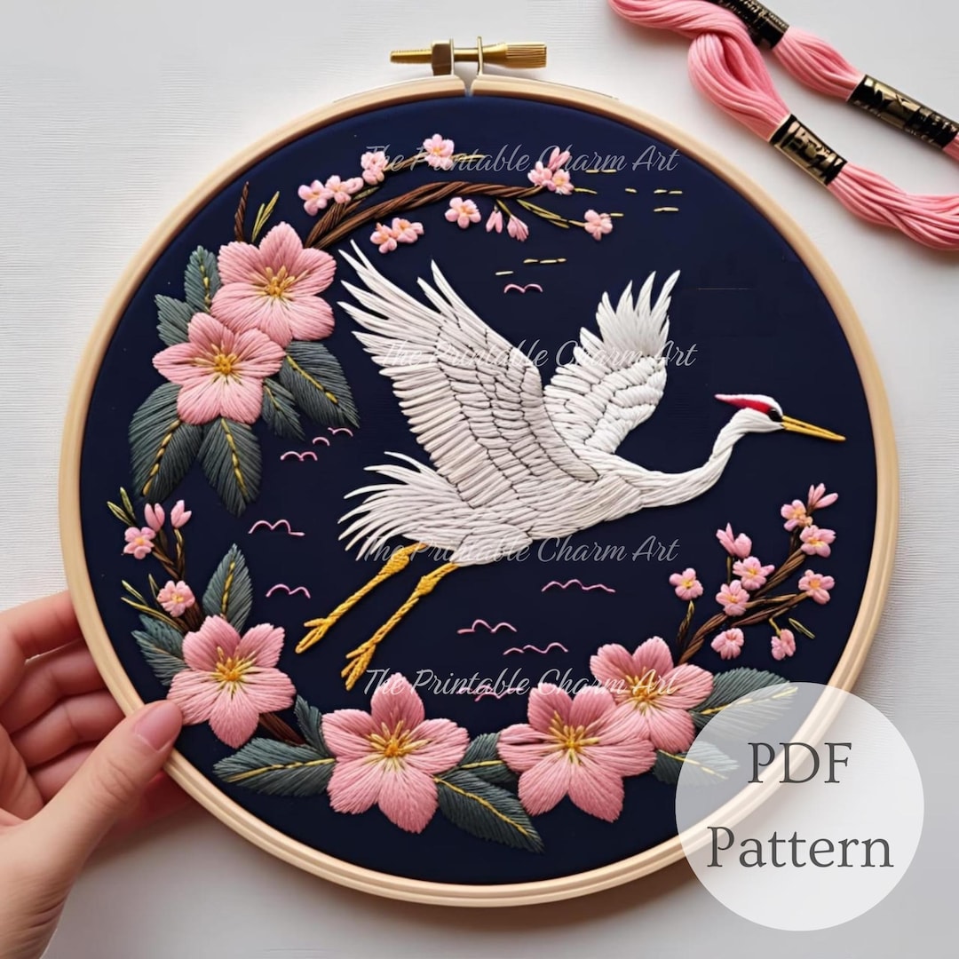 Japanese Crane Embroidery Pattern: DIY Needlework Art (PDF Downloadable ...