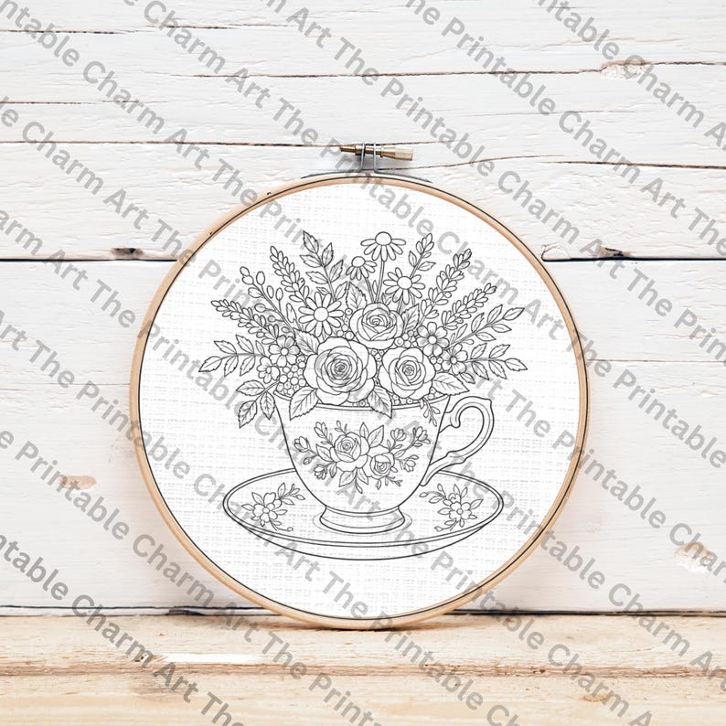 Floral Tea Cup Embroidery Pattern: DIY Floral Art, Creative Gift (PDF ...