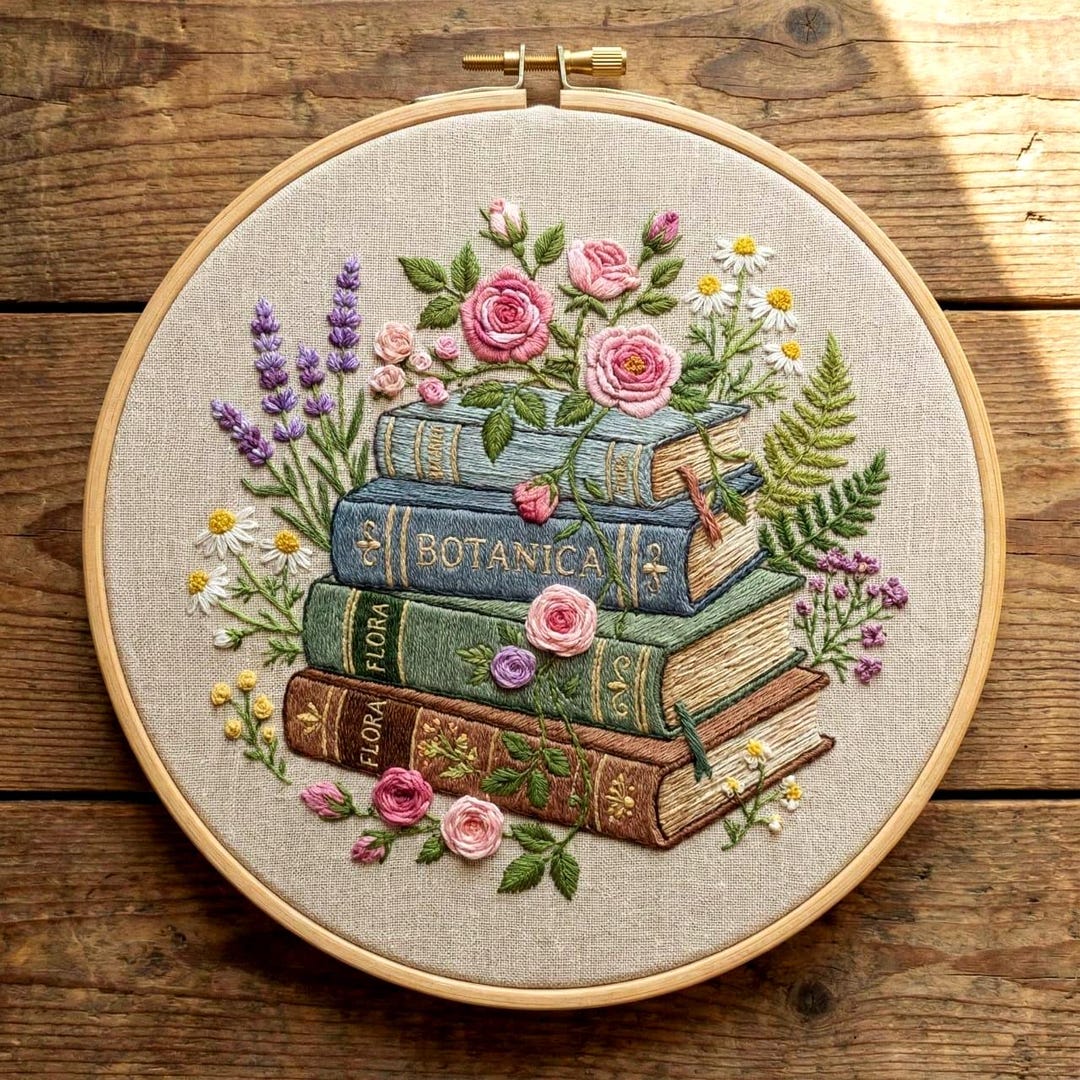 Floral Books Stack Hand Embroidery Hoop Pattern. Botanical Book Lover ...