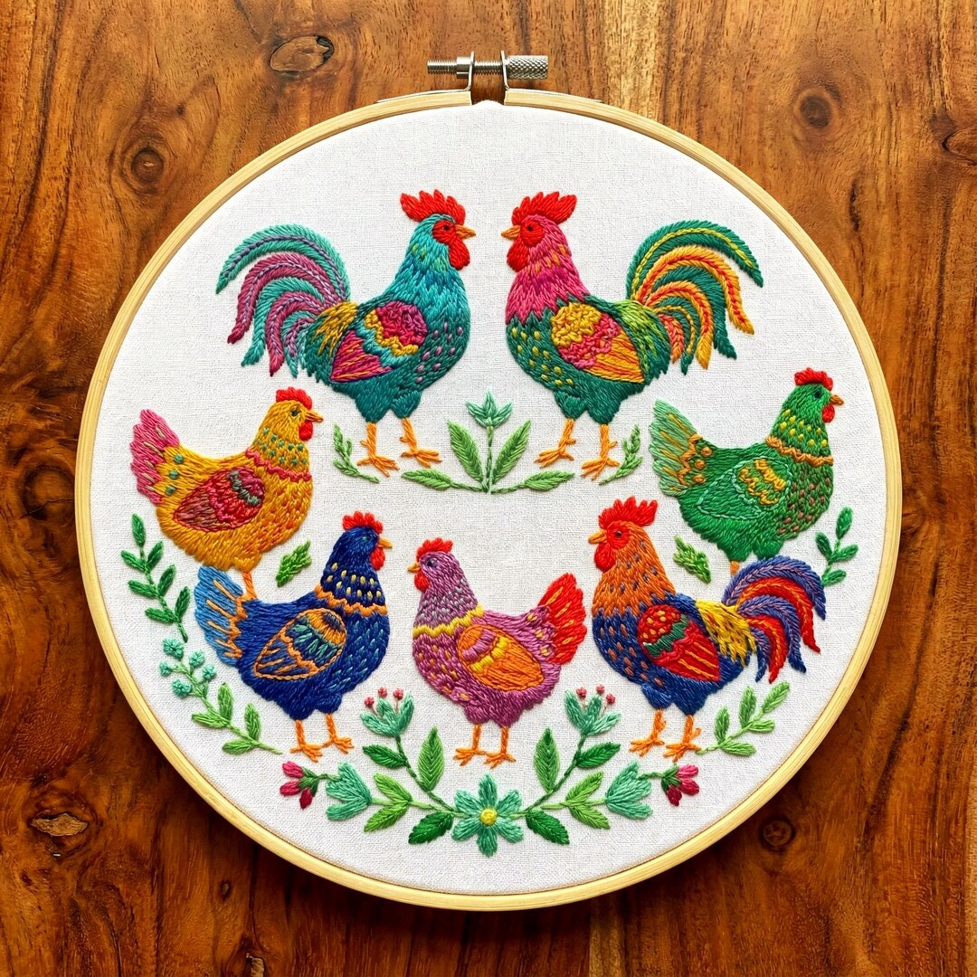 Colorful Chicken & Rooster Embroidery Pattern PDF, Farmhouse Folk Art ...