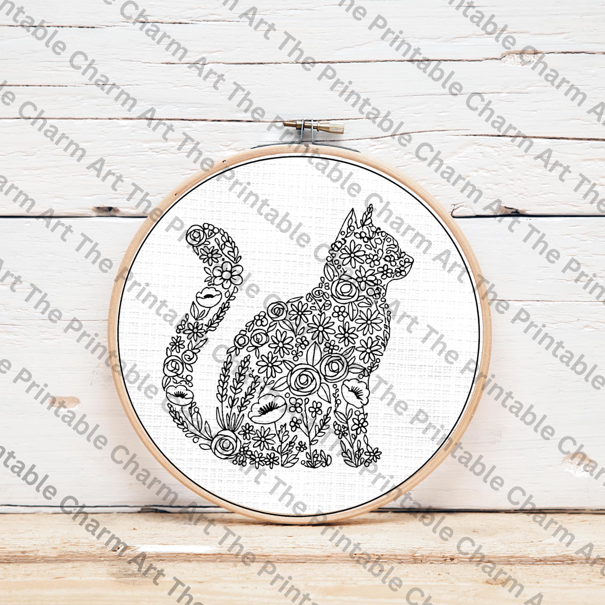 Floral Cat Embroidery Design File, Botanical Kitty Pattern, Nature ...