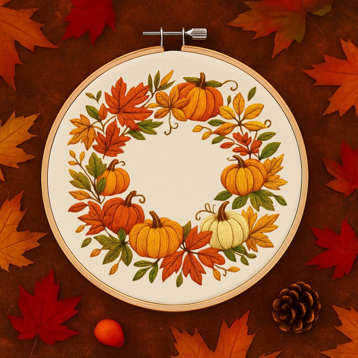Pumpkin Wreath Hand Embroidery Pattern: Autumn Floral Design (PDF ...