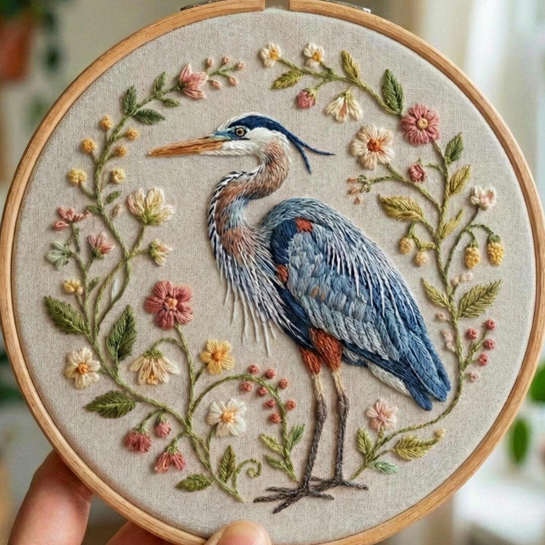Blue Heron Embroidery Pattern: Coastal Bird Hoop Art (PDF Download) - Etsy