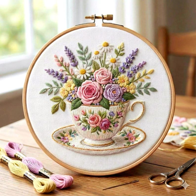 Floral Tea Cup Embroidery Pattern: DIY Floral Art, Creative Gift (PDF ...