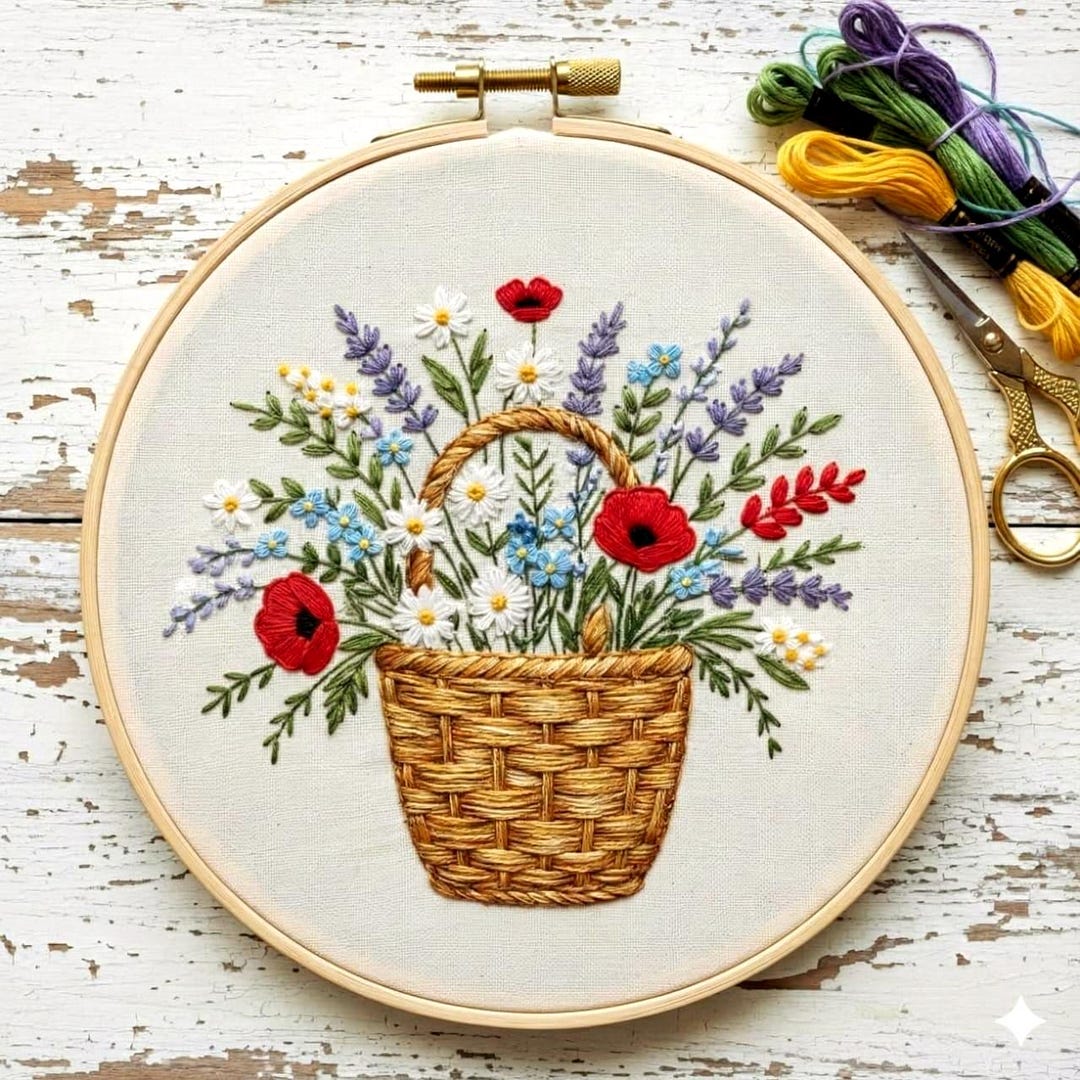 Flower Basket Hand Embroidery Pattern, Wildflower Design (PDF Pattern ...
