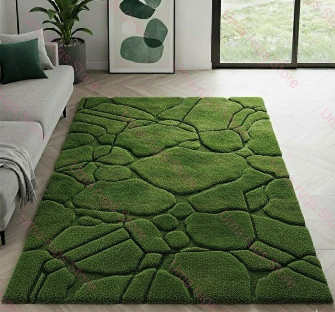 Hand Tufted Green Moss Rug 3D Stone Pattern Wool Area Rug – Abstract ...
