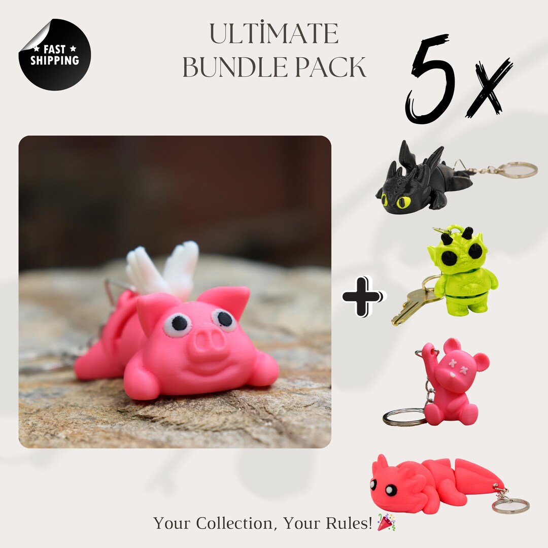 5-pack 3D Printed Keychain Bundle – Cute Unique Set With Pig, Toothless ...