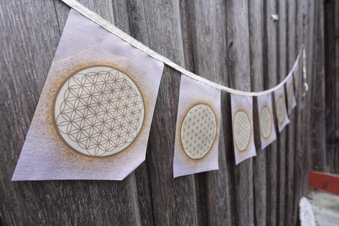 FLOWER of LIFE Flag / White Gold Prayer Flags / Sacred Geometry Art ...
