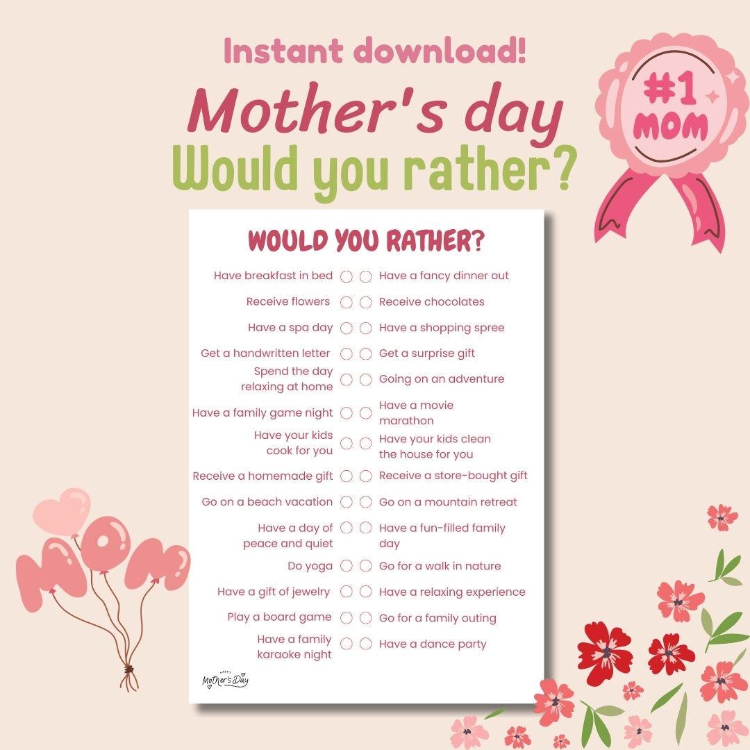 Printable Mother's Day Would You Rather Mom Game for Kids Mom Activity ...