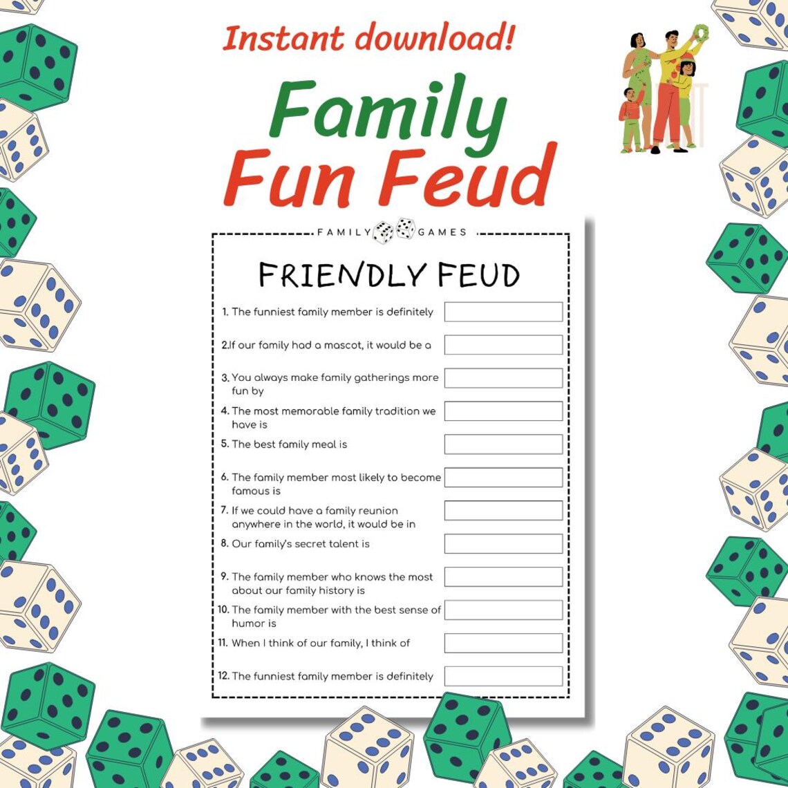Family Fun Feud Game Printable Family Reunion Party Game Summer Reunion ...