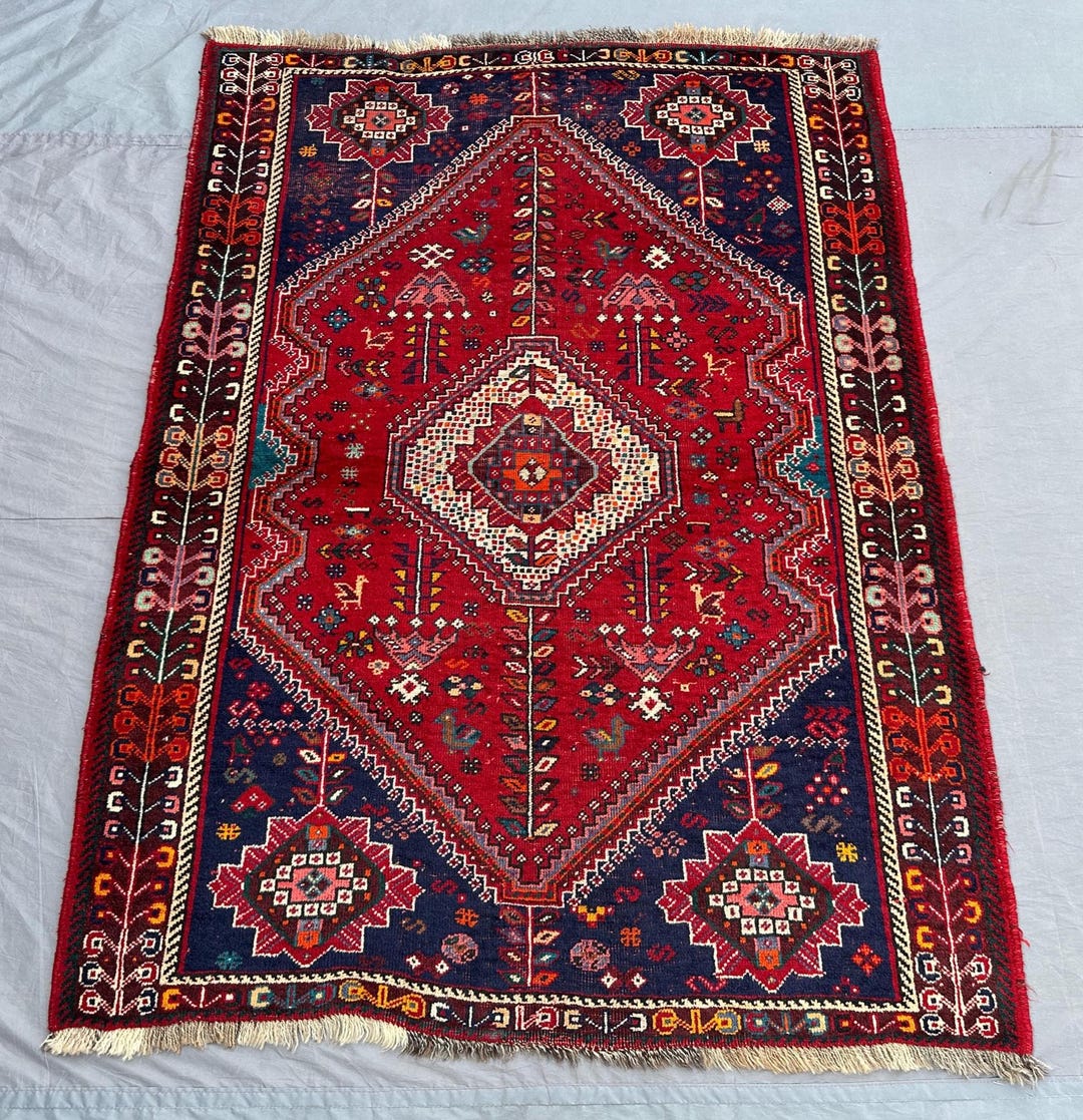 Alfombra caucásica hecha a mano, 90 x 160 cm, color rojo, azul marino ...