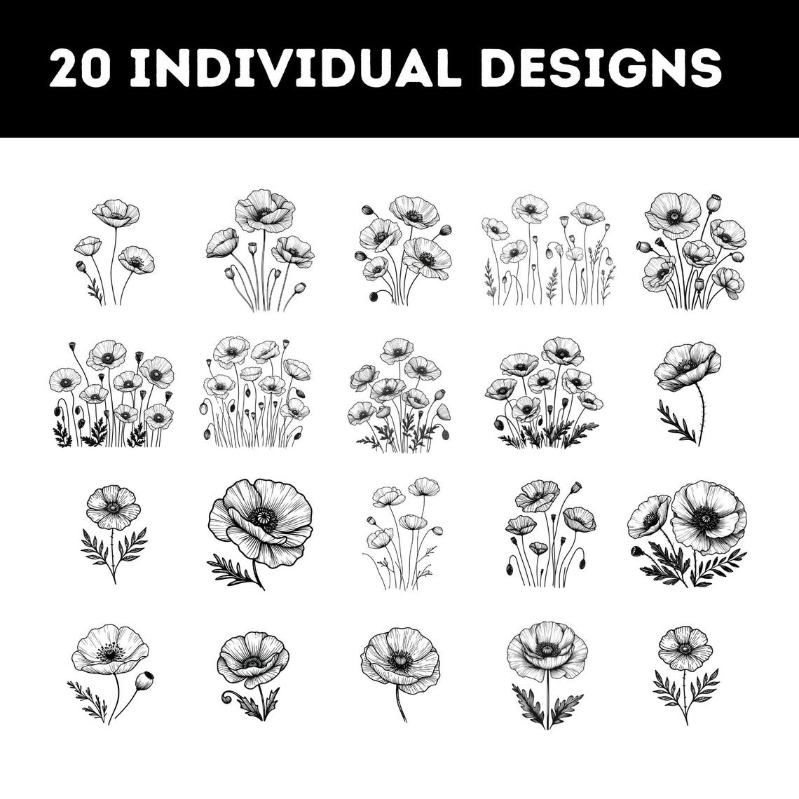 Poppy Line Art SVG Bundle: Wildflower Clipart (20 Files) - Etsy