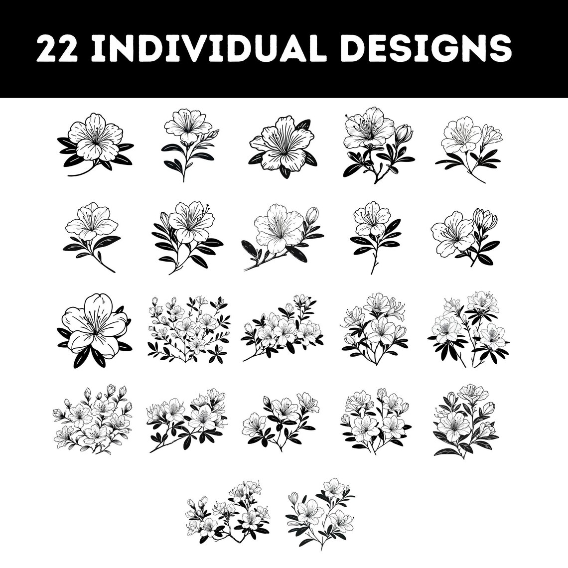 Azalea Flower Line Art SVG Bundle, SVG & PNG Floral Illustrations ...