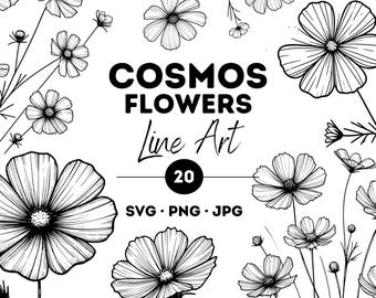 Cosmos Flower SVG Bundle, Wildflower Line Art Clipart, Floral Cosmos ...