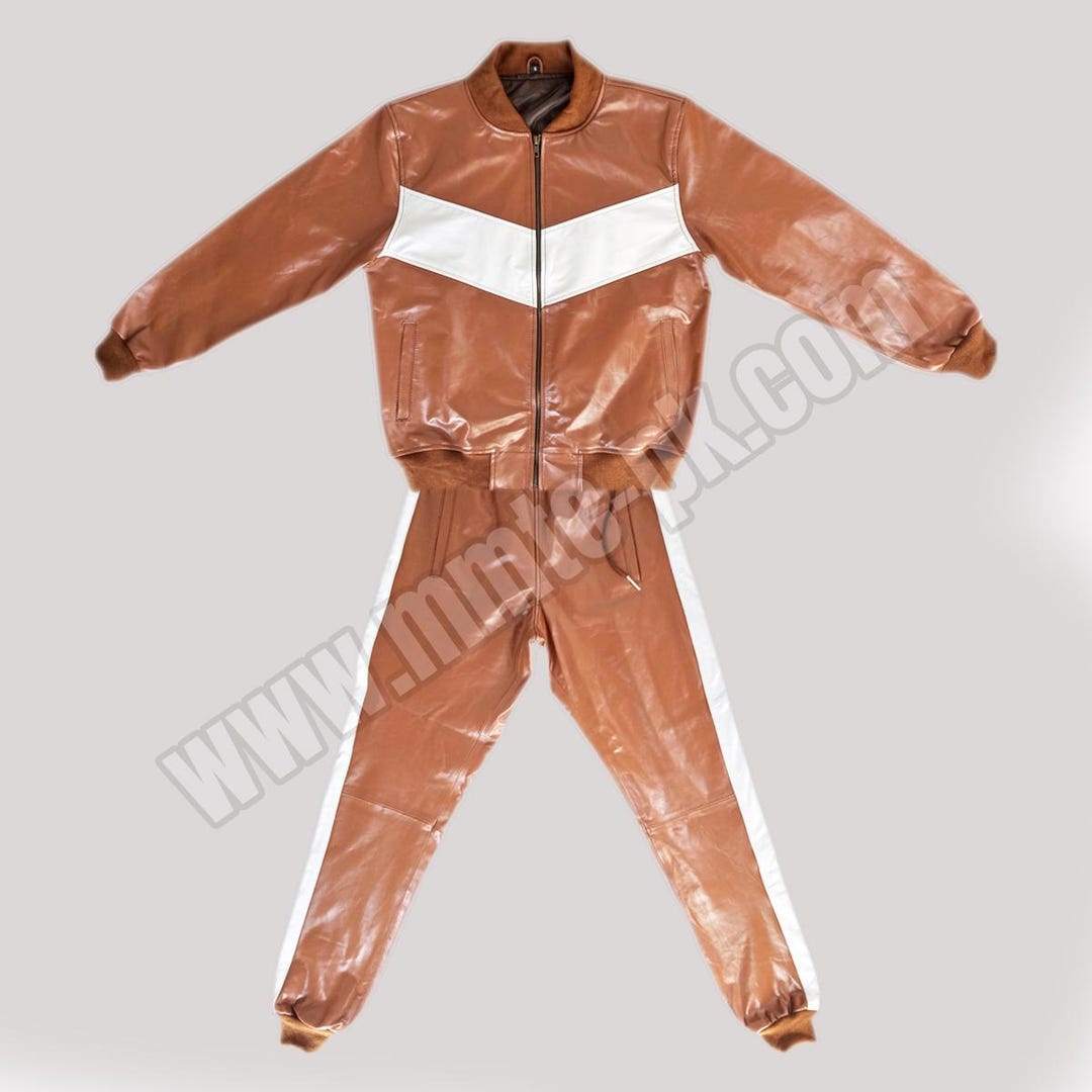 V-shaped Leather Tracksuit: Brown Jogging Sweatsuit With White Stripe ...