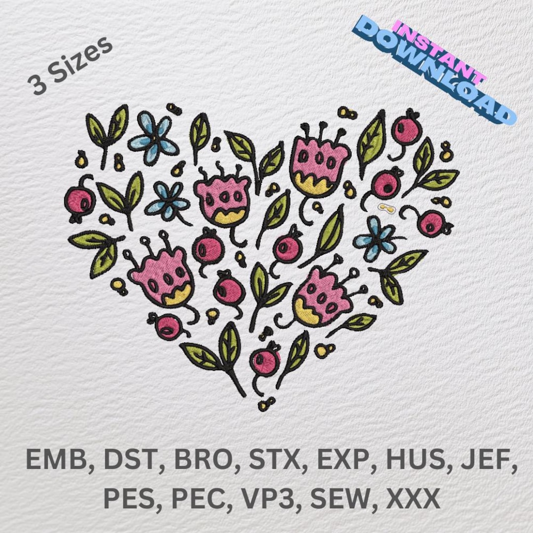 Floral Heart Embroidery Design, Machine Embroidery Design, Heart EMB ...