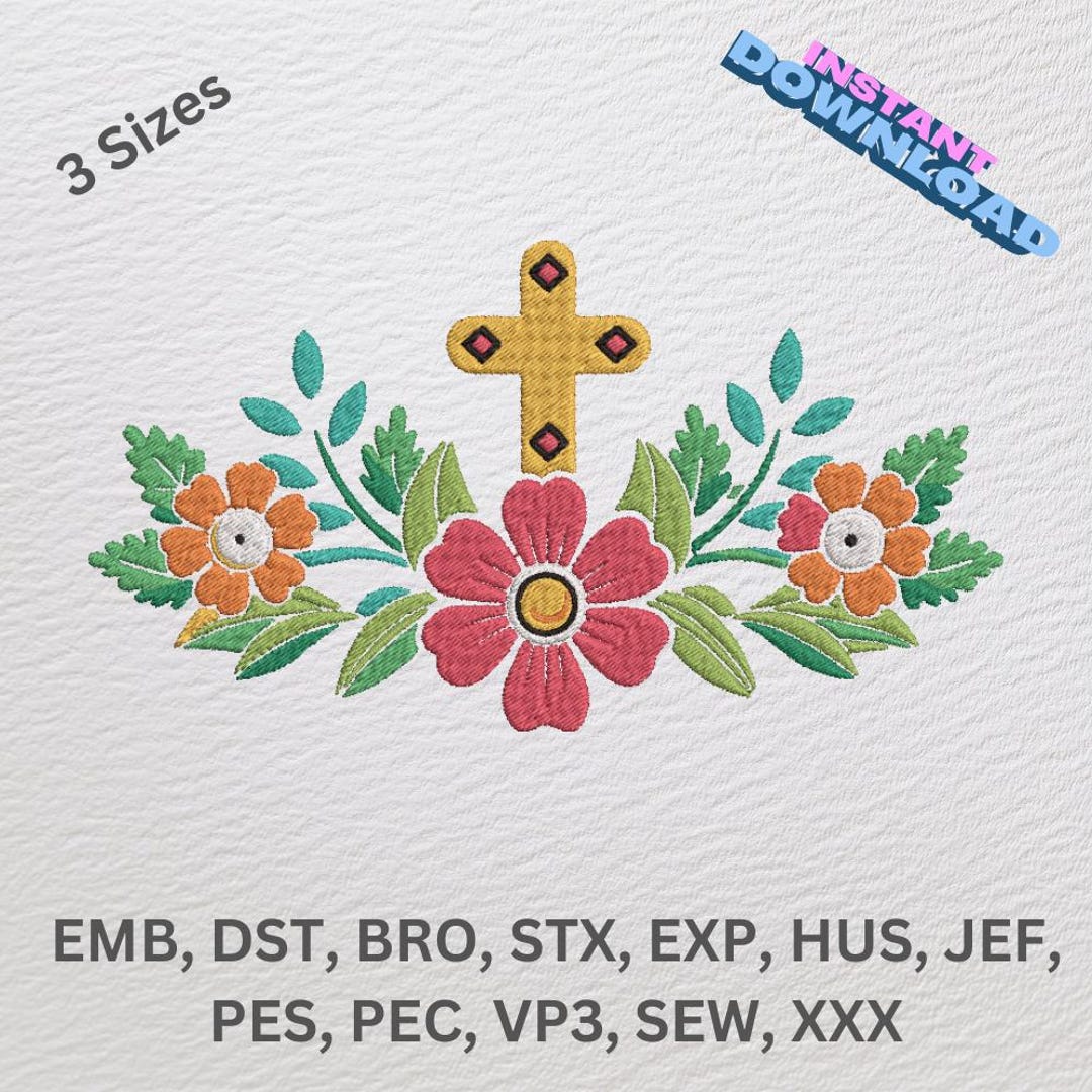 Floral Cross Machine Embroidery Design (instant Download) - Etsy