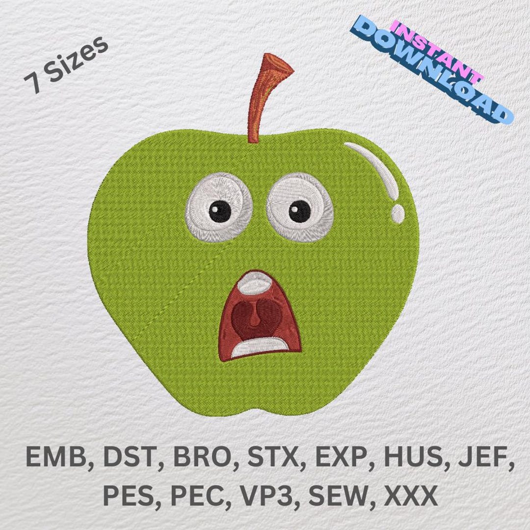Shocked Apple Emoji Embroidery Design: Funny Cartoon Pattern (digital ...