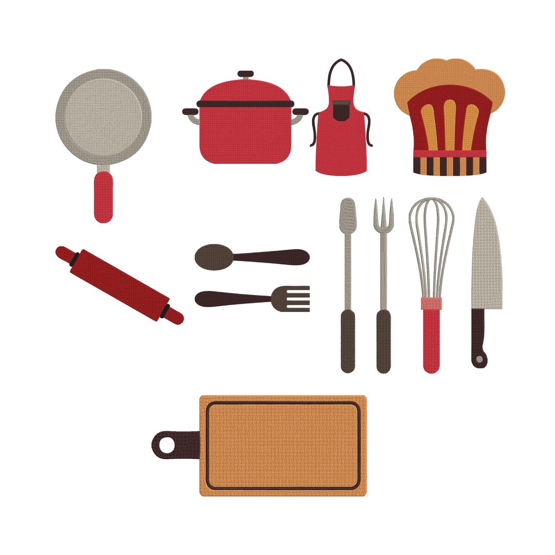 Kitchen Embroidery Design, Cooking Utensils Chef Hat Pot Baking Tools ...