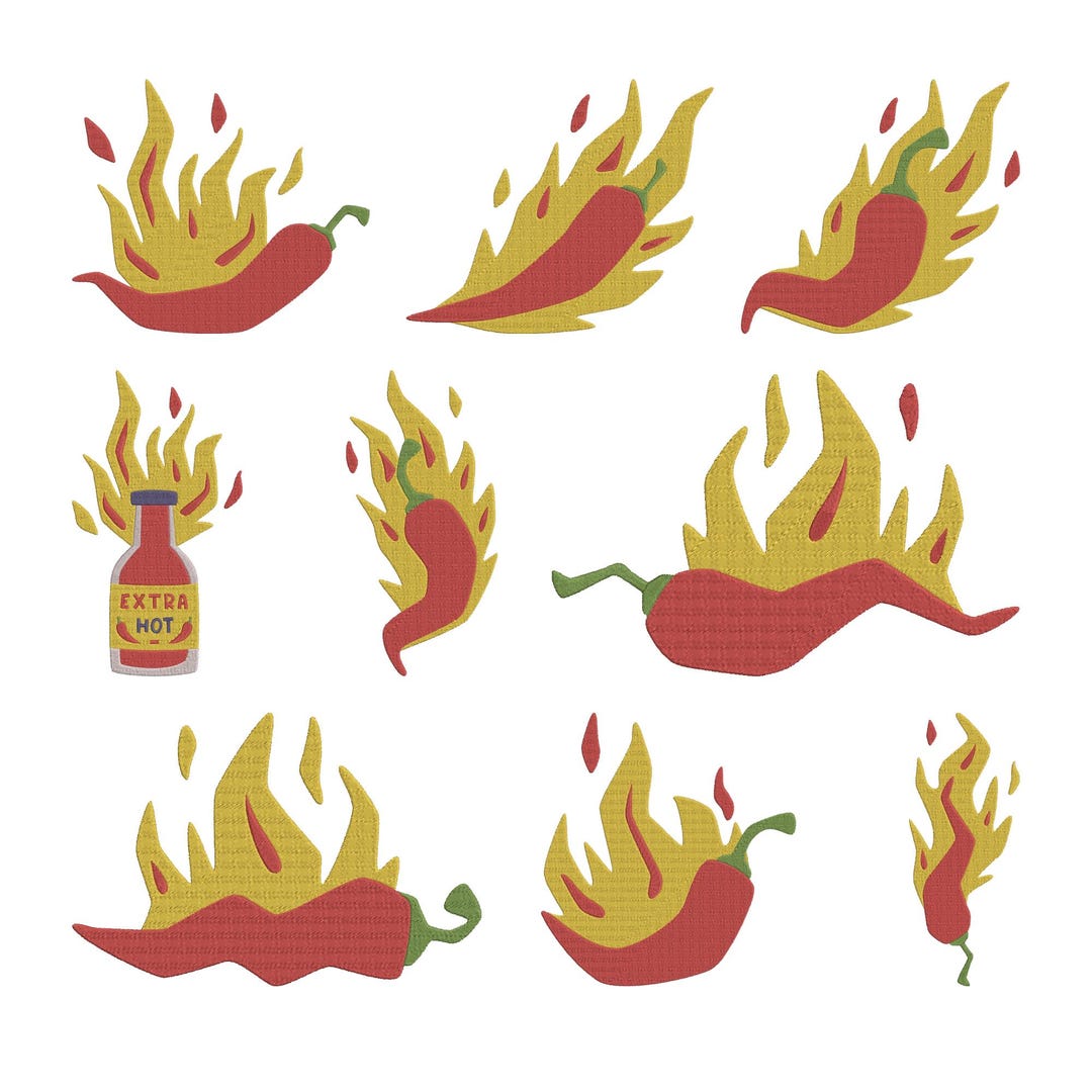 Flaming Chili Pepper Machine Embroidery Bundle, 9 Spicy Hot Designs ...