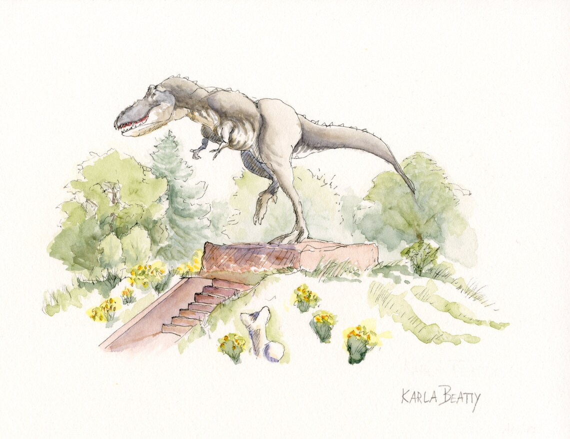 T-rex in the Gardens Watercolor ~ Original Watercolor Painting of a ...