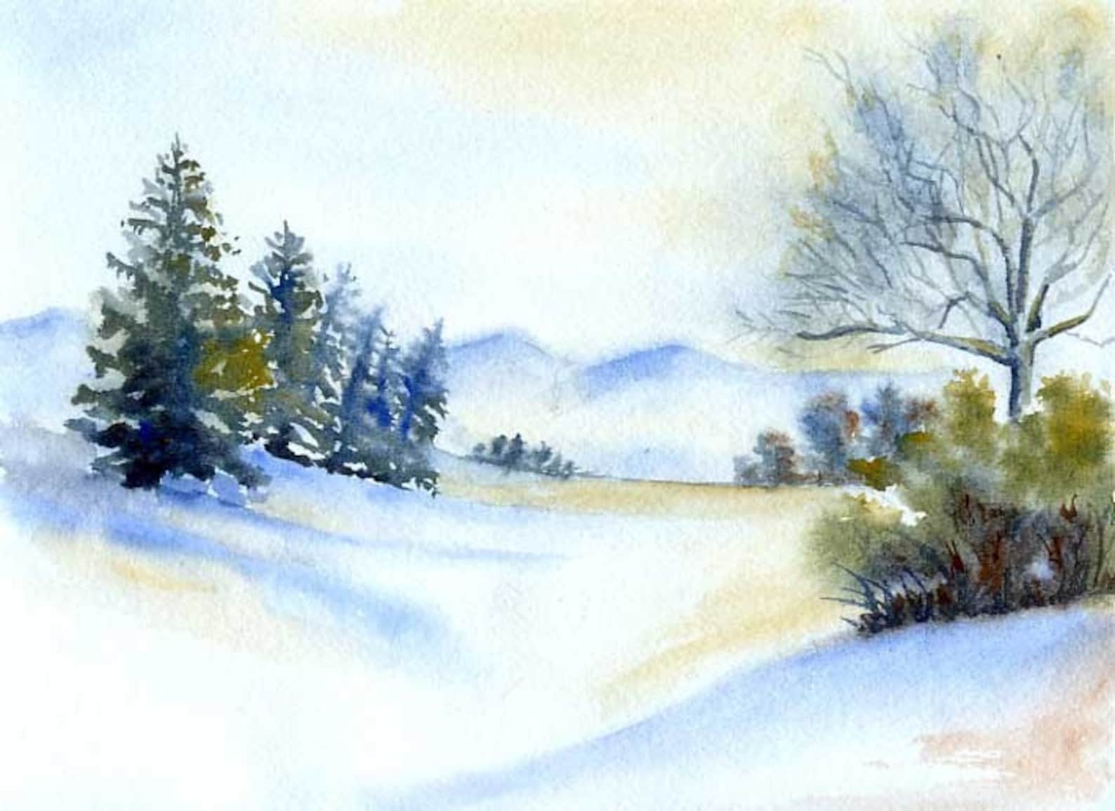 Chilly Morning Blues ~ Winter Snow Watercolor ~ Seasonal Landscape ...