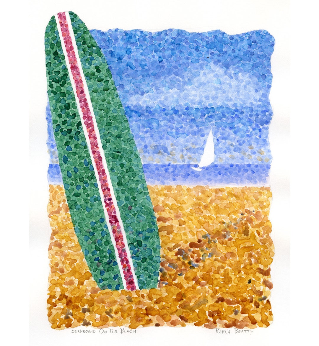 Surfboard on the Beach Watercolor Painting ~ Original Watercolor ...