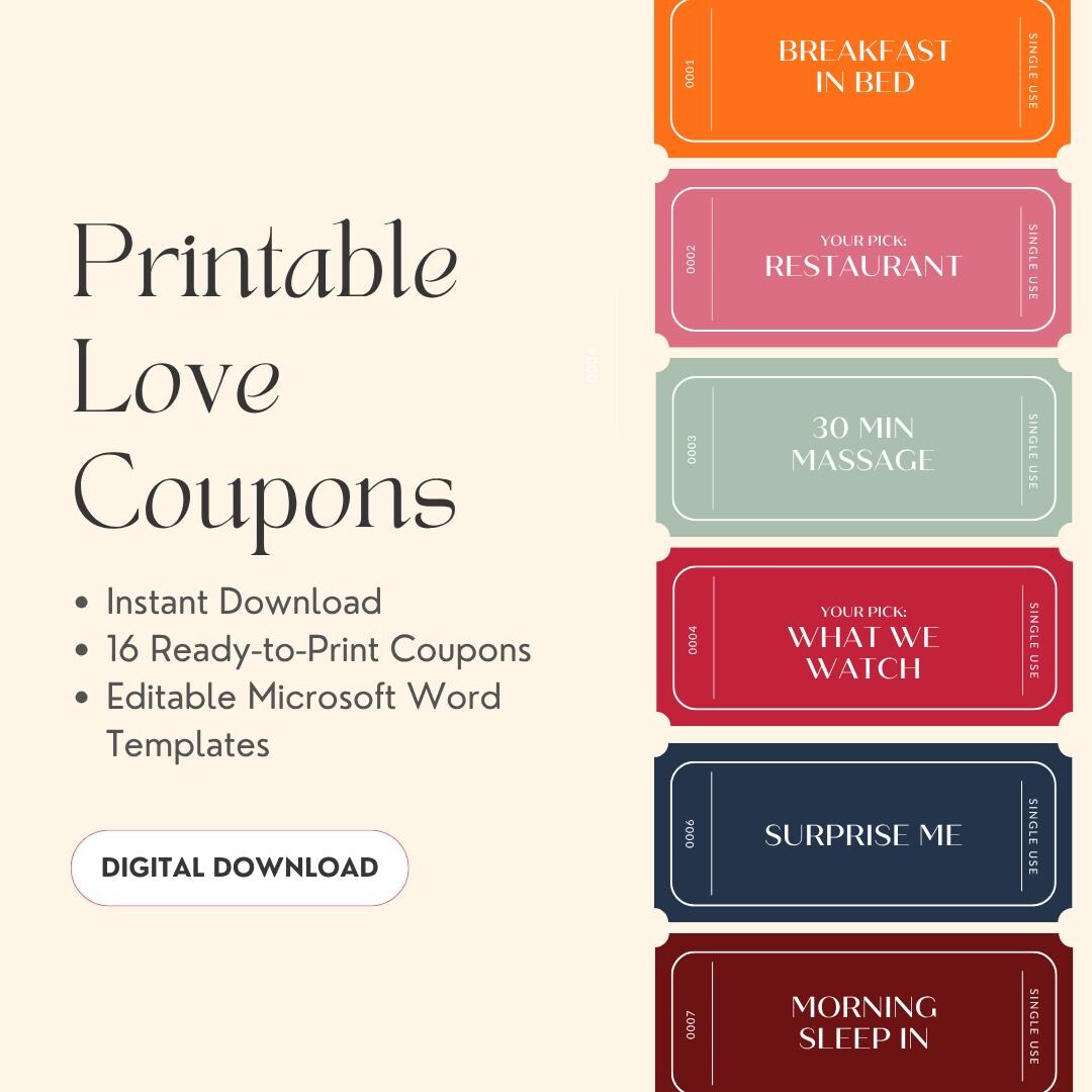 Printable Love Coupons – 16 Thoughtful Coupon Ideas + Editable Version ...