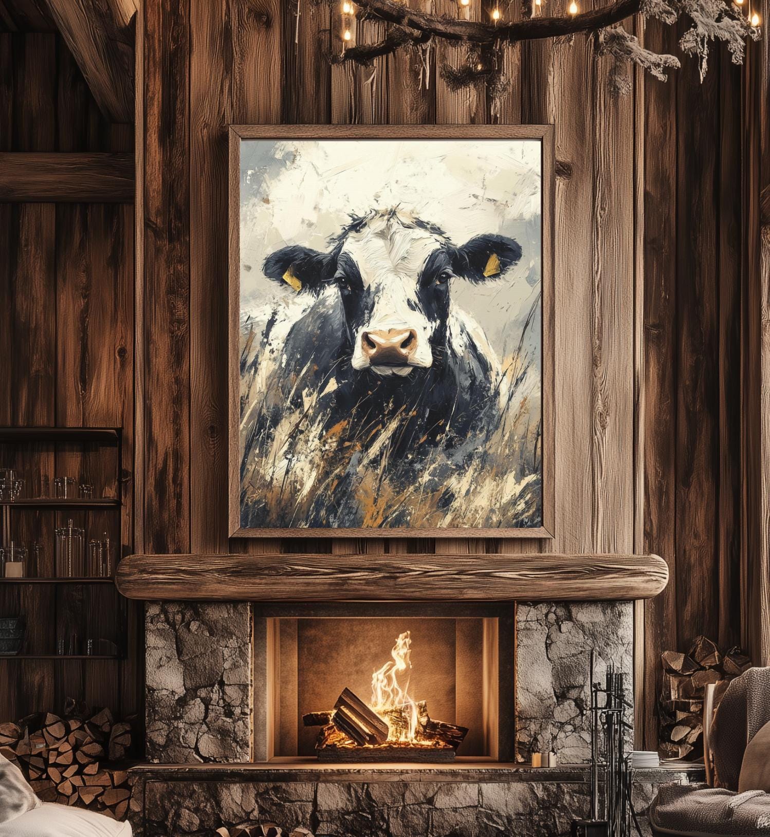 Cow Wall Art Canvas | Rustic Farmhouse Animal Painting | Black White ...