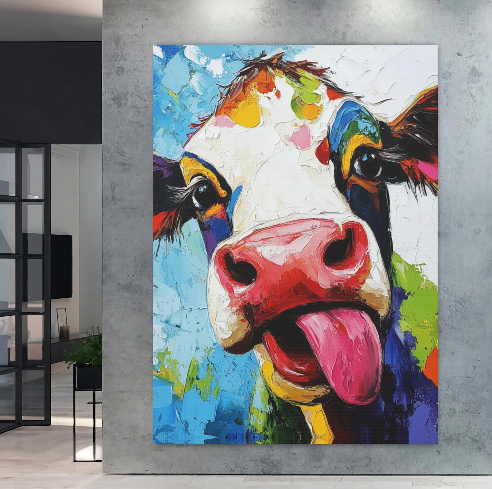 Colorful Cow Canvas Wall Art | Funny Farm Animal Painting | Quirky Cow ...